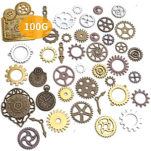 Aylifu 100g(30-40PCS) Mixed Color Alloy Steampunk Gears Charms Clock Face Charms Gears Cogs Charms Pedants Jewelry Findings for Crafting DIY Jewelry Making Accessory