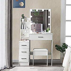 White Vanity Desk with Power Outlet,Vanity Table with Mirror and Lights,Makeup Vanity with 5 Drawers and Cushioned Stool,Modern Dressing Table Dresser for Girls Bedroom