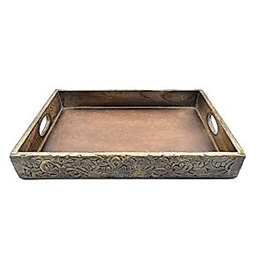 STORE INDYA Hand Carved Wooden Breakfast Serving Tray with Handle for Breakfast Tea Snack Dessert | Kitchen Dining Serve-Ware Accessories | 15 x 10 Inches