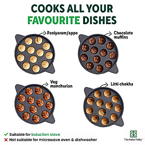 The Indus Valley Pre-Seasoned Cast Iron Paniyaram Pan (12 Pits - Twin Handle),Black