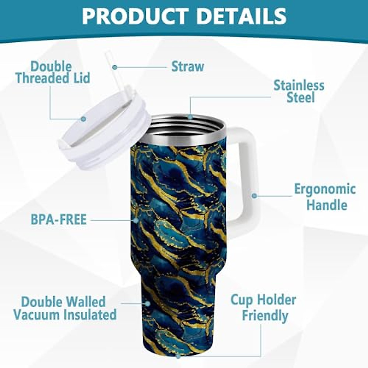 RPLIFE Chic Marble 40oz Tumbler with Handle, Stainless Water Bottle, Insulated Coffee Mug with Lid