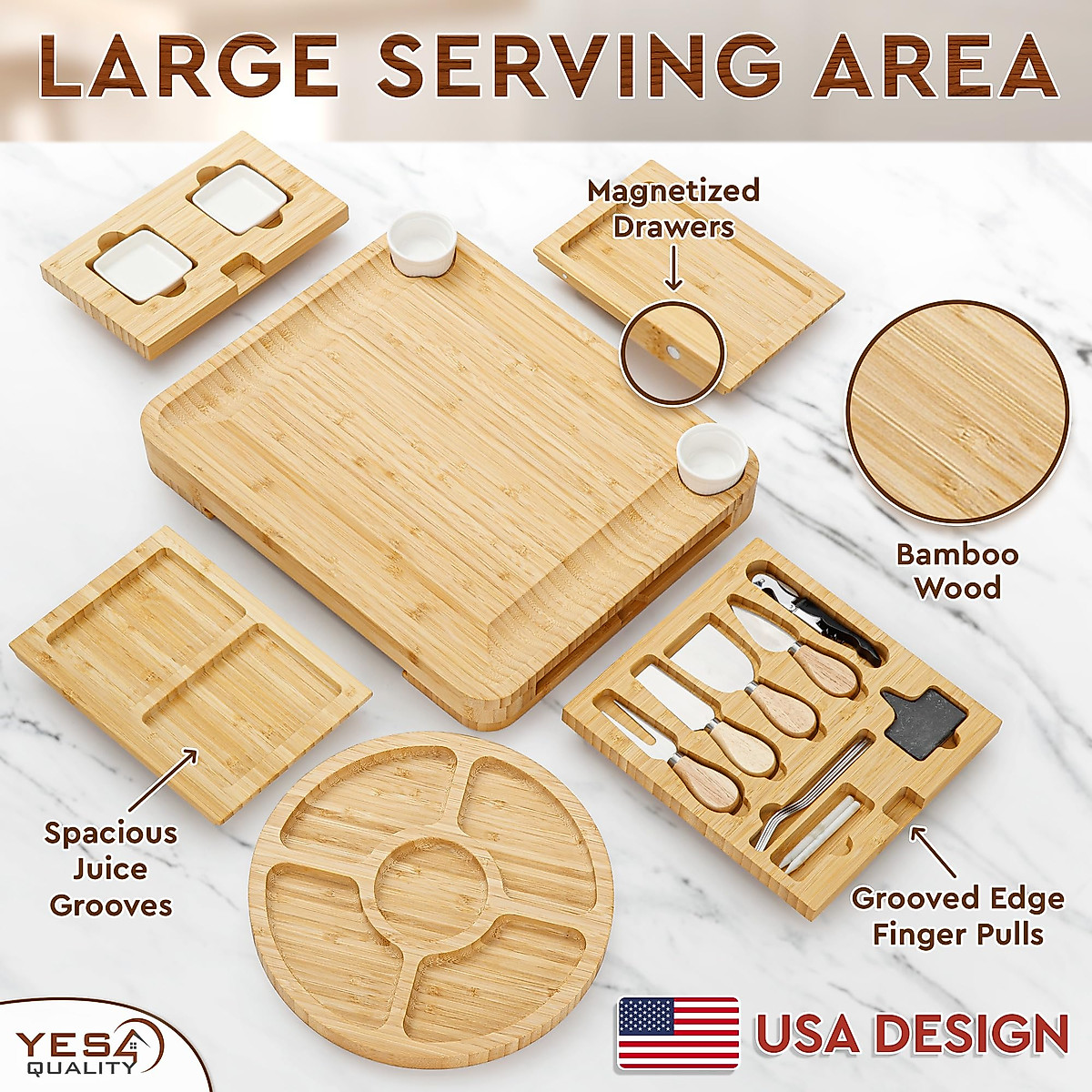 Charcuterie Boards Deluxe Gift Set - 23 Pieces, Bamboo - Large Cheese Board Plus Fruit Tray for Thanksgiving Party, Christmas Present, Birthday w/ Utensil Drawer, Knives, Forks, Wine Opener & More