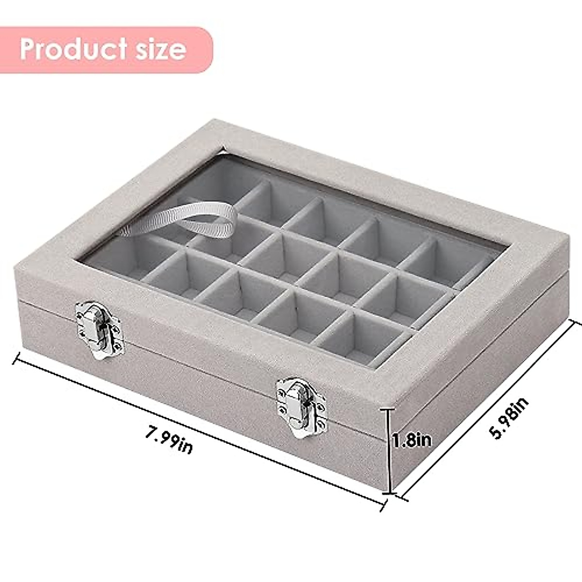 Fixwal Earring Jewelry Box 24 Grid Velvet Jewelry Tray for Drawers Glass Clear Lid Showcase Display Storage Ring Trays Earring Holder Organizer Case(Grey)