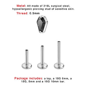 Black Coffin Nose Studs for Women Nostril Piercing Jewelry Surgical Steel Earrings Stud Tragus Helix Conch Coffin Black Cartilage Earring for Halloween with 18g 6mm 8mm 10mm Internally Threaded Posts