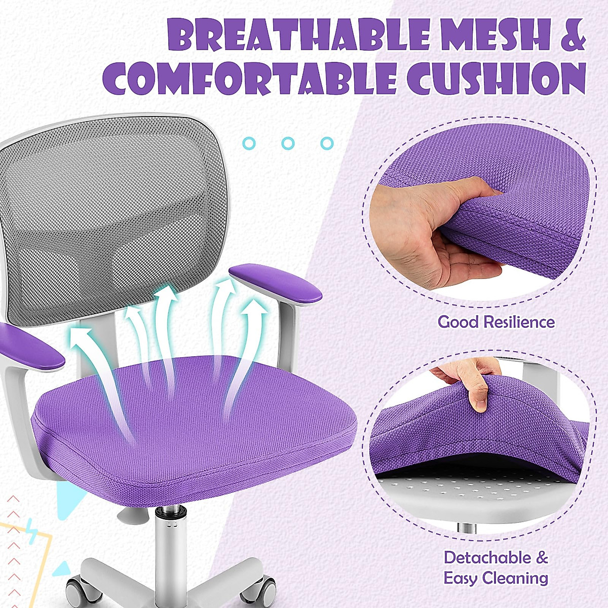 POWERSTONE Kids Desk Chair, Adjustable Mesh Computer Chair with Armrest, Soft Cushion and Mid Back Swivel Office Chair for Teens Students (Purple)