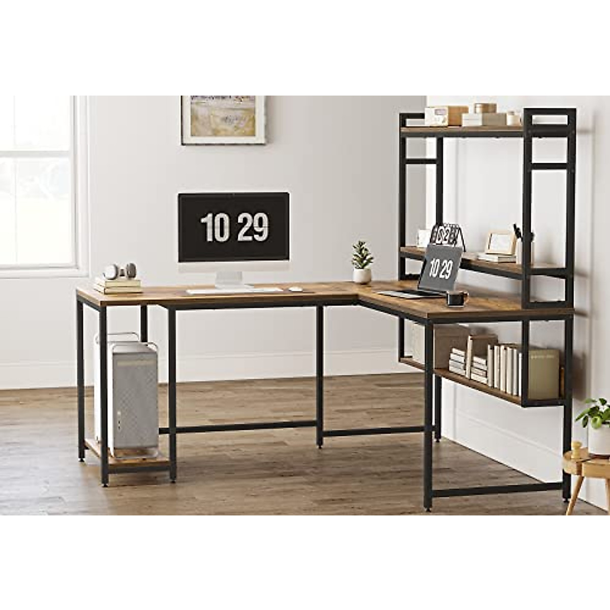 CubiCubi L Shaped Desk with Hutch and Storage Shelves, 59.1 Inch Corner Desk with Bookshelf, Computer Office Workstation for Home Office, Rustic Brown