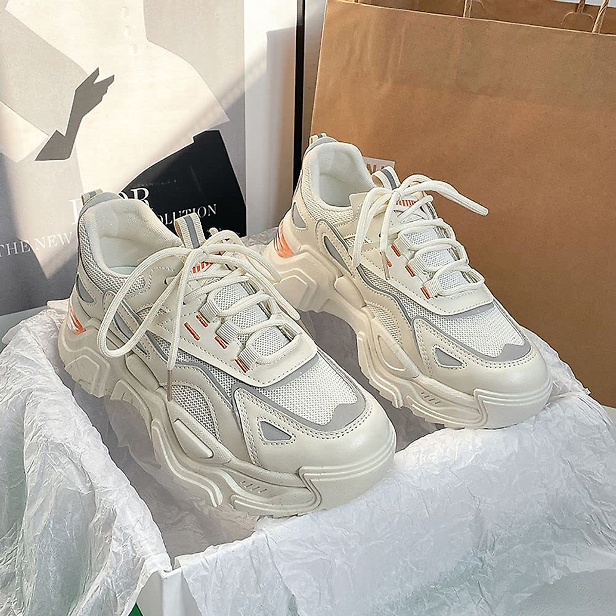 VAXAV Women's Comfortable Mesh Platform Sneakers Casual Jogging Walking Shoes Size 5.5 Beige