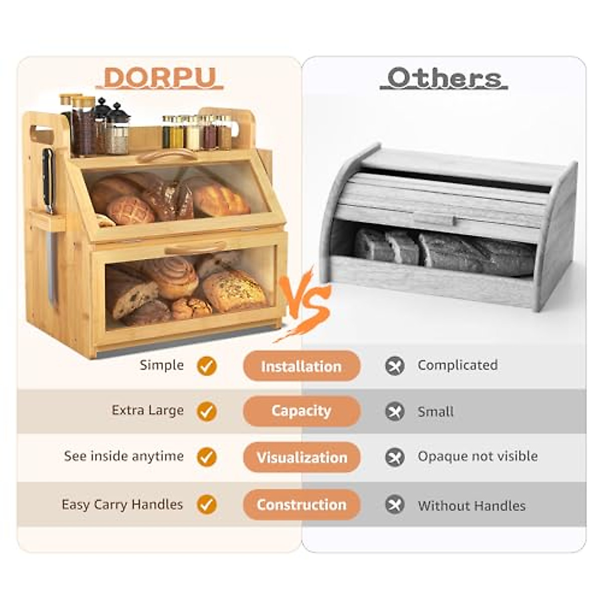 DORPU Extra Large Bread Box, Double Layer Bread Box for Homemade Bread, Bamboo Wooden Bread Storage Container with Tool Holder | Handles | Window, Assembly Required(14.9" x 11" x 15.3") Natural