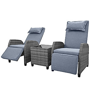 VilroCaz Outdoor Patio Rattan Single Sofa Set with Adjustable Backrest and Coffee Table, All Weather Two-Person PE Wicker Conversation Chairs Set for Courtyard, Swimming Pool, Balcony (Gray-3 Piece)