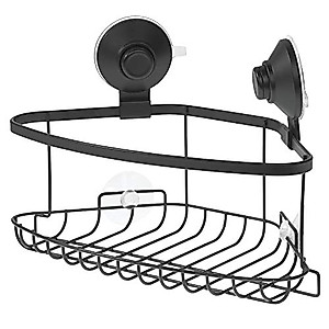 iDesign Everett Metal Push Lock Suction Corner Shower Caddy, Extra Space for Shampoo, Conditioner, and Soap with Hooks for Razors, Towels, Loofahs, and More, 5.58" x 10.58" x 6.67", Matte Black