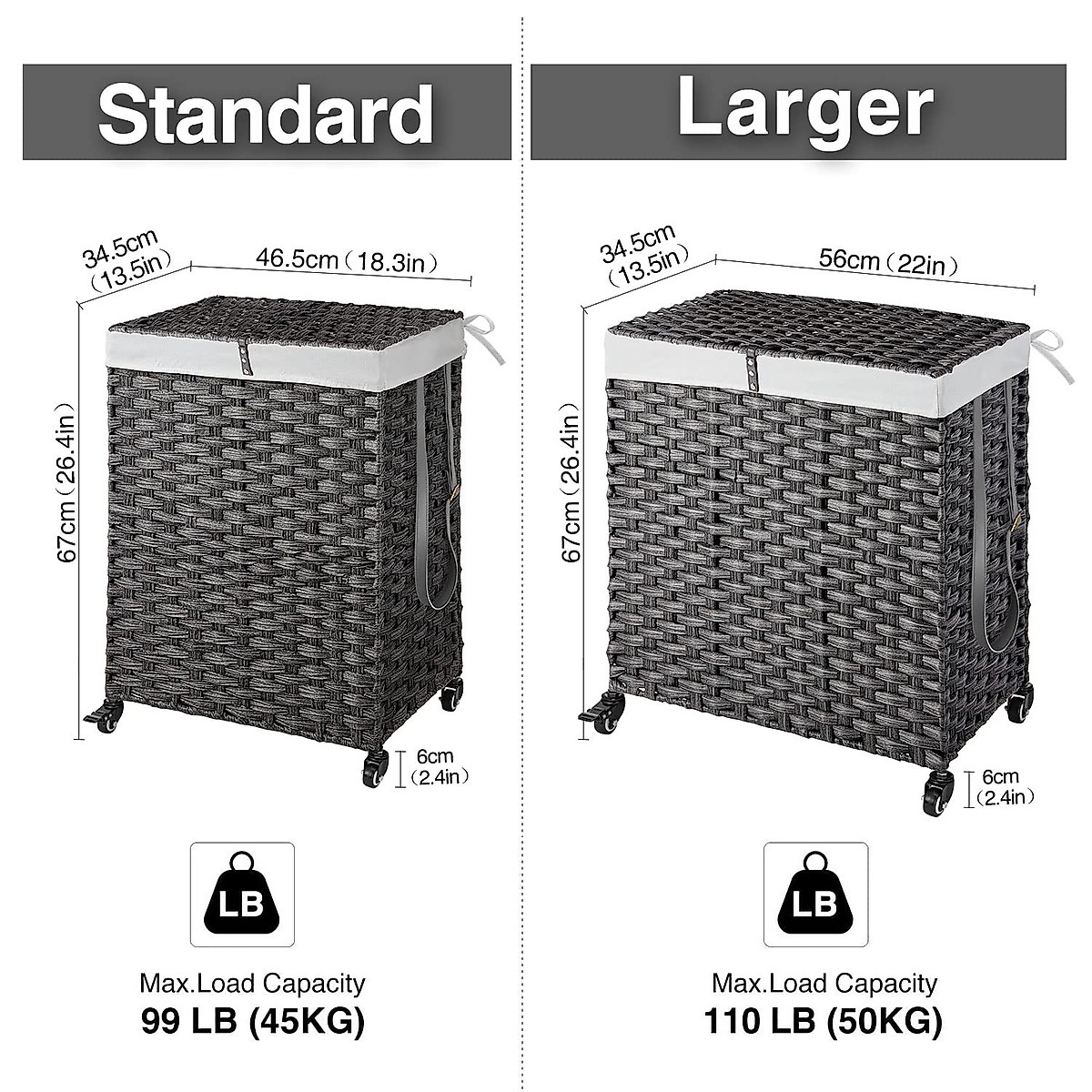 Greenstell Laundry Hamper with Wheels, No Install Needed, 110L Divided Handwoven Hampers & 2 Removable Liner Bags, Rattan Clothes Laundry Basket with Lid & Handles, Foldable Hampers Gray 22x13x26.4 In