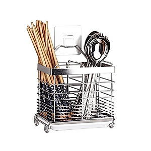 SUS 304 Stainless Steel Hanging 2 Compartments Mesh Utensil Drying Rack/Chopsticks/Spoon/Fork/Knife Drainer Basket Flatware Storage Drainer (Square)