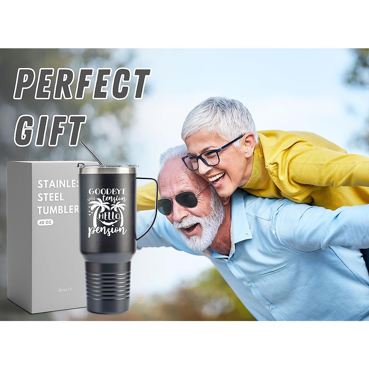 Onebttl Retirement Gifts for Men, Retirement Tumbler for Men 40oz Insulated Travel Cup with Handle, Retired Gifts for Dad, Grandpa, Friends, CoWorker (Black, Goodbye)