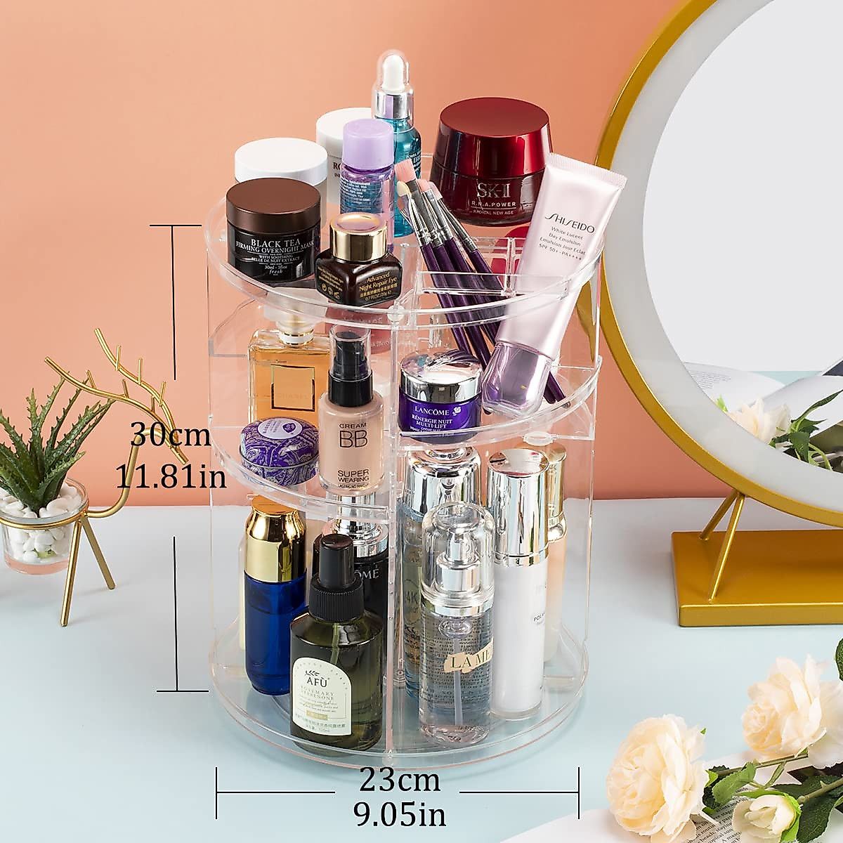 Argox 360° Rotating Makeup Organizer, Skincare Storage Box, Cosmetic Display Case with Brush Holder Perfume Tray, Multifunctional Rotating Rack Suitable for Dressing Tables and Bathroom Countertops