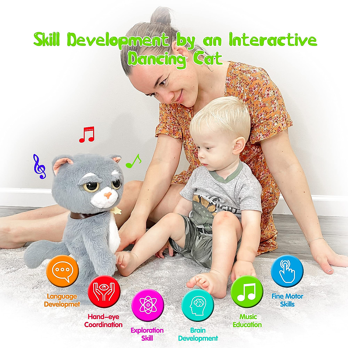 gebra Baby Toys 12 18 Months Singing Dancing Talking Cat Toddler Toys Interactive Cat Plush Early Learning Educational Musical Toy Gift for Boys and Girls Age 1 2 3 4 5, 14"