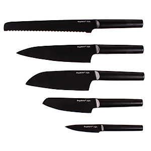 BergHOFF Ron 5Pc Non-stick Kitchen Knife And Wood Block Ergonomically Designed Handle Double-coated Titanium Sharp & Well Balanced Seamless Transition
