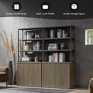 SICOTAS Book Shelf Fluted Bookshelf Tall Bookcase with Doors Storage 5 Tier Mid Century Modern Bookshelves Large Shelves Wood & Metal Book Cases for Living Room Office Bedroom Kitchen Library (2PCS)