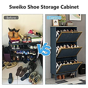 Sweiko Entryway Shoe Storage Cabinet with 3 Flip Drawers Metal Door Shoe Cabinet Organizer with Mesh Door Freestanding Shoe Rack Storage Cabinet with Wooden Top for Hallway Bedroom Mudroom Blue-Gray
