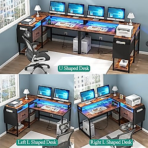Loomie L Shaped Computer Desk with Power Outlets, 55"Wx41"D Reversible Corner Desk with LED Light, Drawer & Monitor Stand,Home Office Gaming Desk with 4 Tier Storage Shelves & Bag, Study Table,Rustic