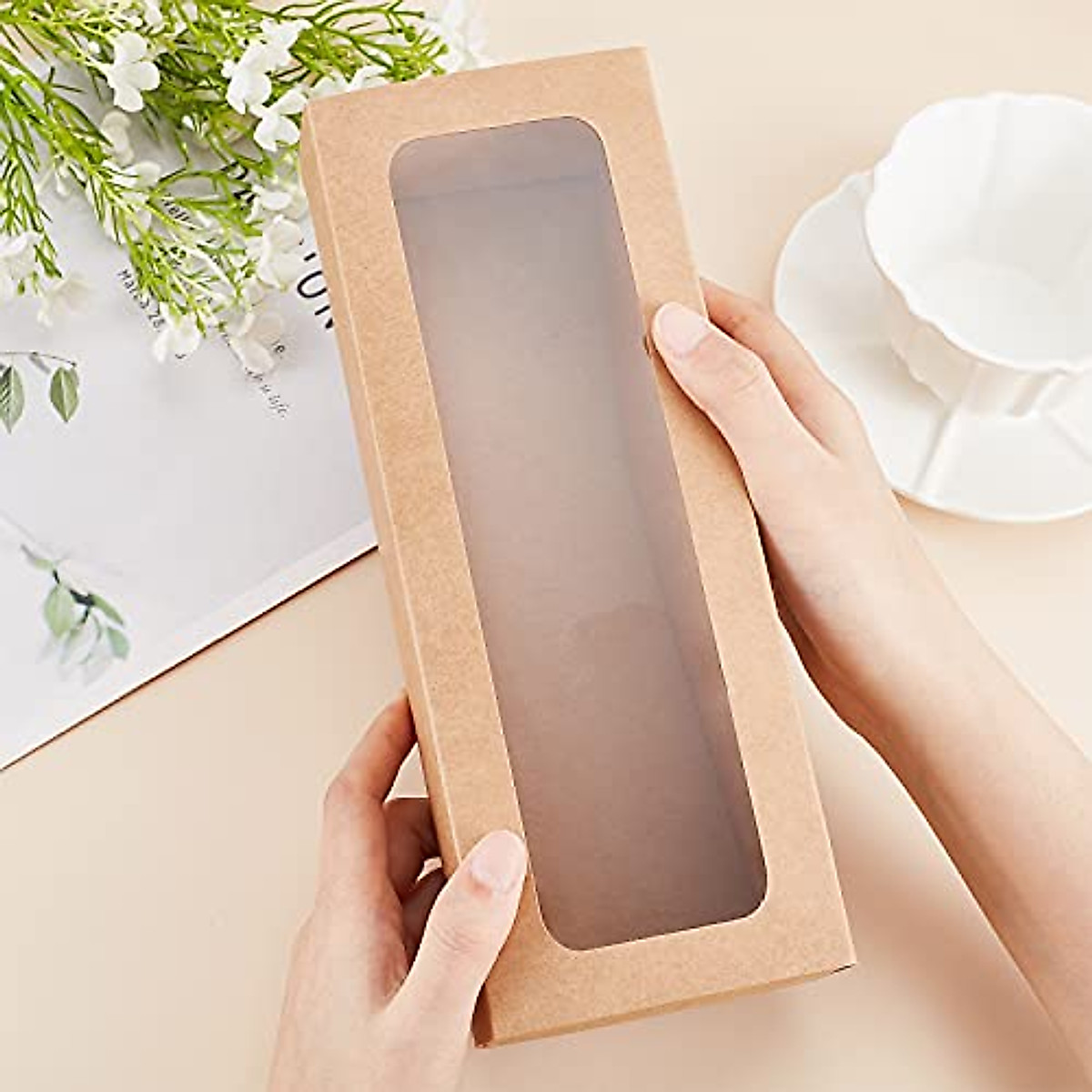 NBEADS 8 Pcs Kraft Paper Drawer Boxes, BurlyWood Festival Storage Box Kraft Paper Packaging Macaron Boxes with Clear Window Display for Jewelry Candy