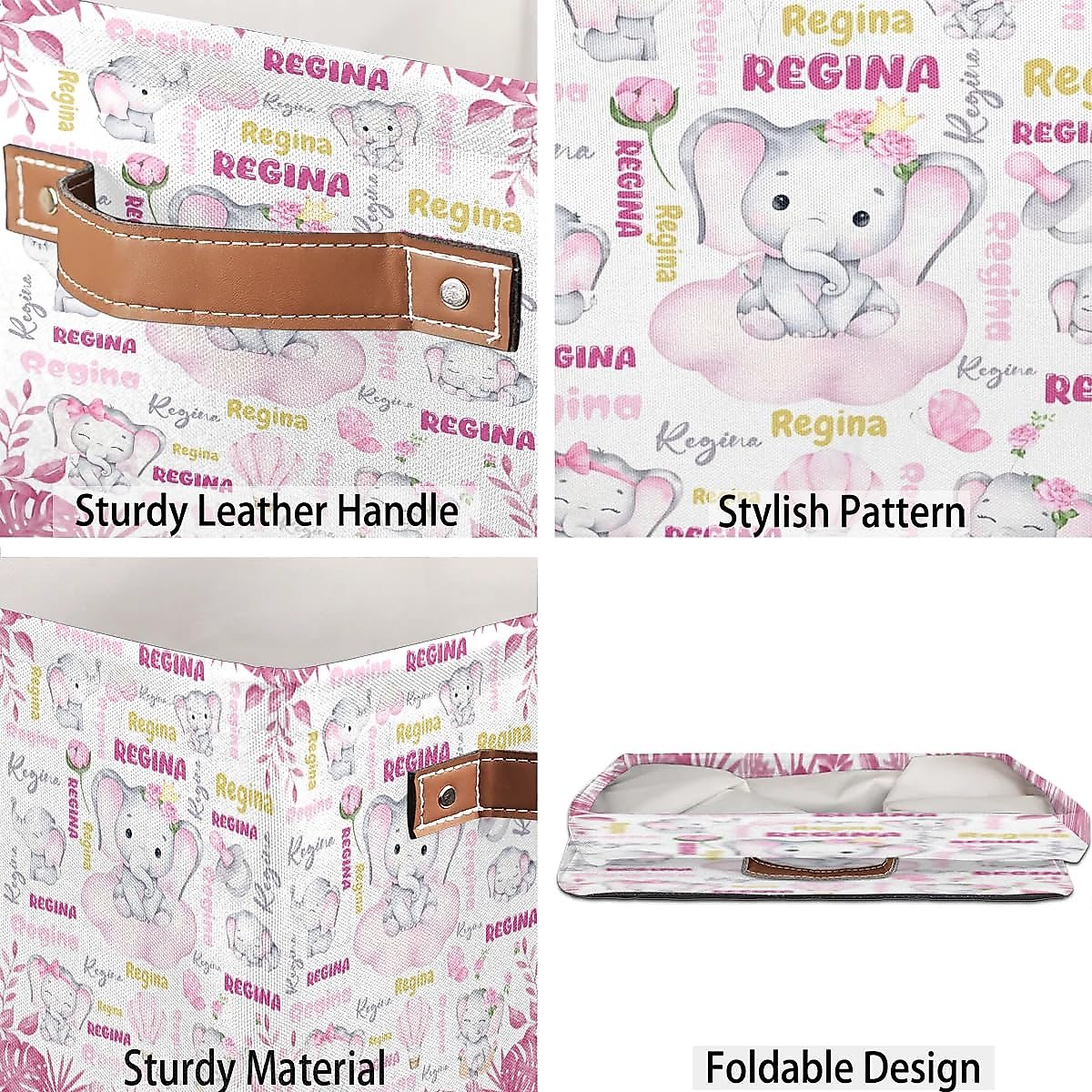 XIOBODR Personalized Storage Bin, Cute Elephant Clouds Text Pink Custom Name Storage Baskets for Organizing with Handles, 13 x 13 Inch Collapsible Storage Box for Closet Cloth Baskes Toy
