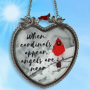 Memorial Cardinal Sun Catcher - When Cardinals Appear Angels are Near Saying - Heart Shaped Glass Sun Catcher with Cardinals and Winter Scene. Measures 4 ¼” H x 4” W.