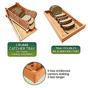 Bamboo Bread slicer, Bread Cutter guide adjustable, Bread Loaf Slicer cutting board & Crumb Catcher Tray, Stainless Steel Knife, Compact & Foldable 2 Bread guides-for homemade bread, cakes, bagels