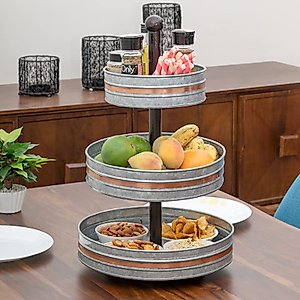 THE ARTIQUE Galvanized Stand, Tiered Tray, Three Tier Serving Stand with Copper Trim, Cupcake Stand Bar Accessories, 3 Tiered Metal Tray Platter for Cake, Dessert, Appetizers & More- Antique Silver