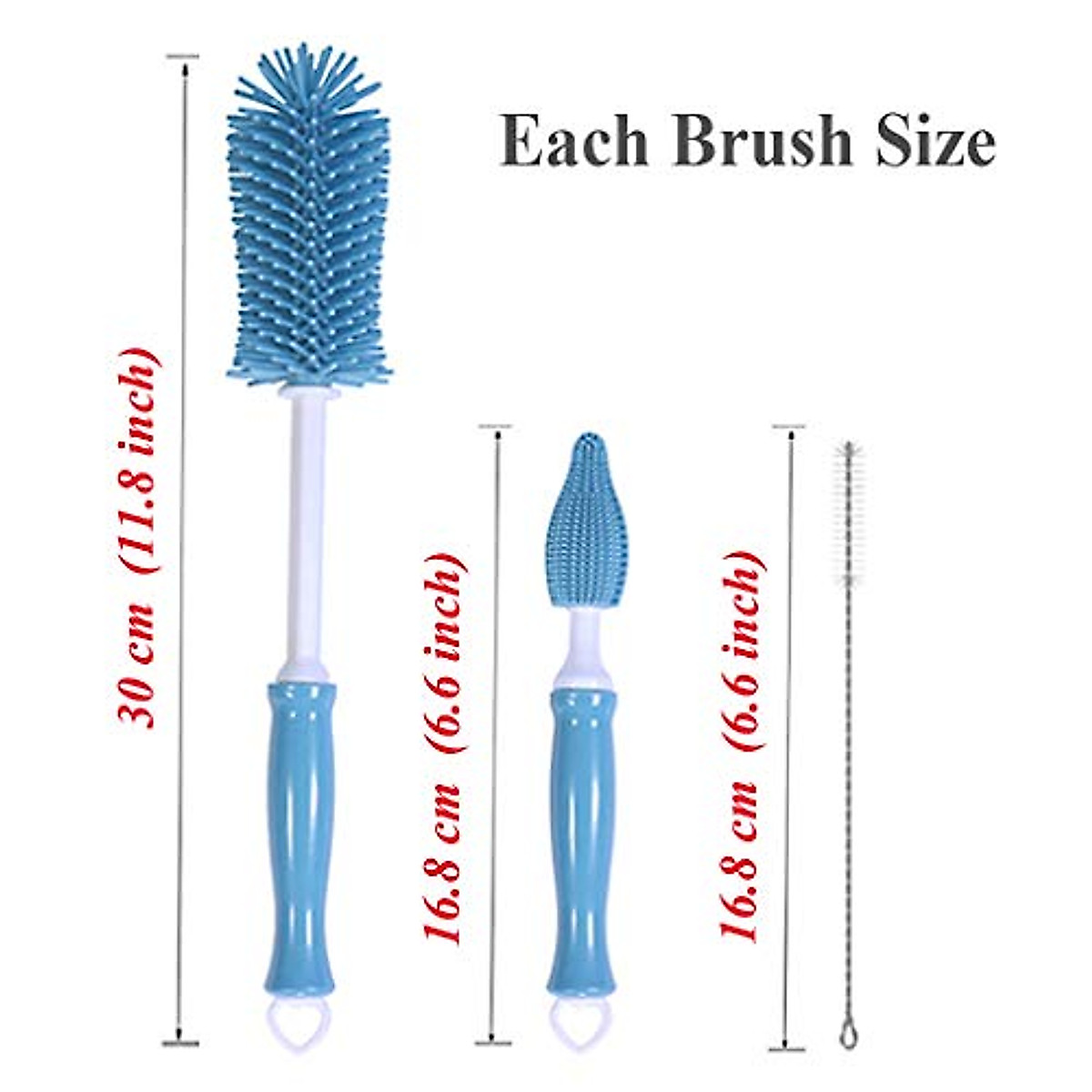 Silicone Soft Touch Bottle Brush, Baby Bottle Cleaning Brush, Long Handle Kitchen Cleaner Silicone Brush for Washing Glass, Baby Bottles, Mugs, Narrow Neck Water Sport Bottles, Set of 3(Blue)