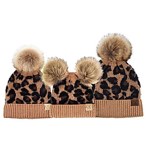 Funky Junque Matching Adult Toddler Infant POM Hat - Adult/Toddler (Single POM)/Infant (Double POM) - Leopard - Latte