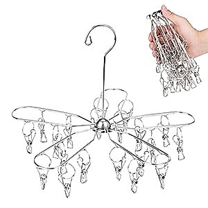 Estoder Foldable Clothes Drying Hanger Stainless Steel Laundry Drying Rack with 20 Clips, Sock Dryer Hanger for Hanging Underwear, Towels, Baby Clothes, Lingerie, Bra, Hat, Scarf, Gloves, Diapers