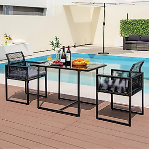DORTALA Rattan Patio Furniture Set, 3-Piece Dining Set with Cushions, Tempered Glass Tabletop, Outdoor Wicker Small Chairs & Table Set for Backyard, Balcony, Poolside, Black