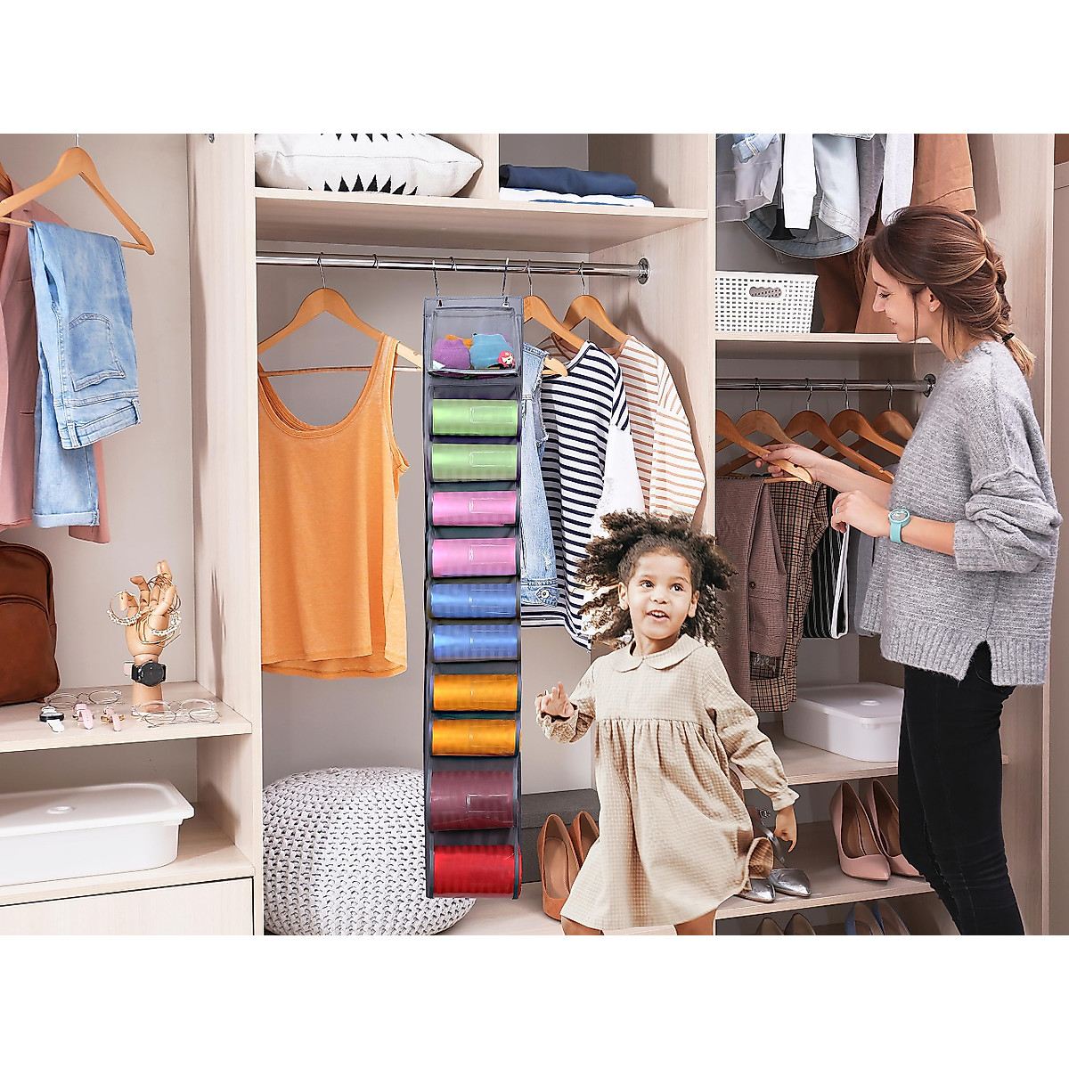 HOMELANE Premium Hanging Closet Storage Organizer for Leggings Yoga Pant Jeans Socks Bra Underwear Top T-Shirt Gym Clothes Scarf Hoodie Sweater Towel Bag, Small Foldable Roll Hangers - 22 GRIDS (Grey)