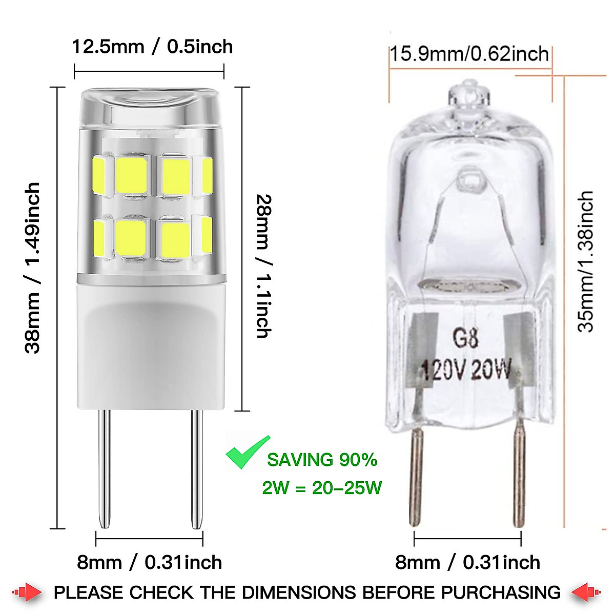Sriomny 6 Pack G8 Led Bulb 2W Equivalent to 20W Halogen Bulb AC 120V, G8 Warm White 2700K, Transparent Shell, Bi-Pin Base, Not Dimmable, Light Bulbs
