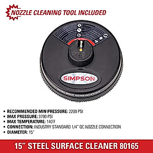 Simpson Cleaning 80165 Universal Scrubber, Rated 15" Steel Pressure Washer Surface Cleaner for Cold Water Machines, 1/4" Quick Connection, Recommended Min 3000 Max of 3700 PSI, Black