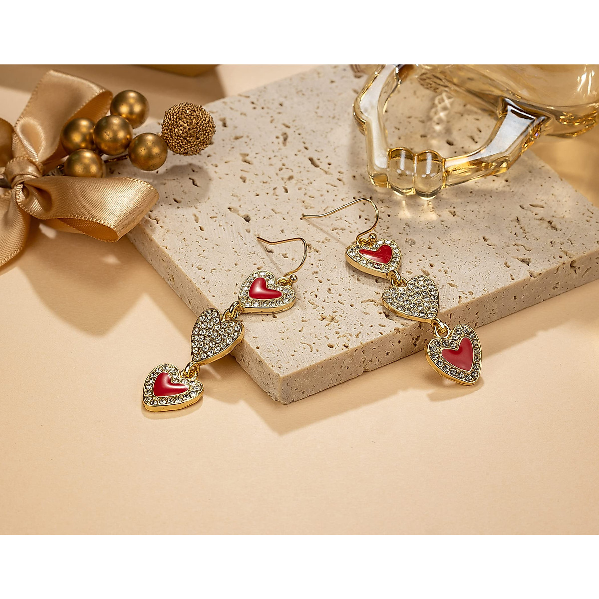 Retro Red Interlocking Heart Earrings for Women, Bling CZ Crystal Heart Dangle Earrings, Perfect Heart Jewelry as Valentine's Day Costume Ornament