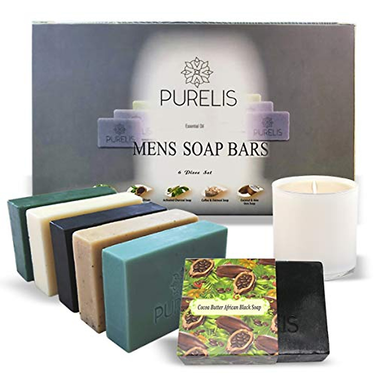 Purelis Mens Soap Bar Gift Set. Set of 6 Aromatherapy, Moisturizing Soap Bars. Natural. Organic Ingredients. Deep Cleansing, Repairs Skin. Handmade Face, Hand, Body Soap for Men. Sulfate Free!