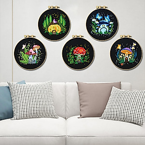 ERKOON 5 Sets Embroidery Kit for Beginners, Art Craft Handy Sewing Set Mushroom Cross Stitch Starter Kits, DIY Embroidery Kits with Patterns and Instructions Hoops Needles Threads