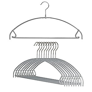Mawa by Reston Lloyd Euro Ultra Light/Thin Series, Non-Slip Space Saving Clothes Hanger with Bar & Hook for Pants and Skirts, Style 42/PTU, Set of 10, Silver