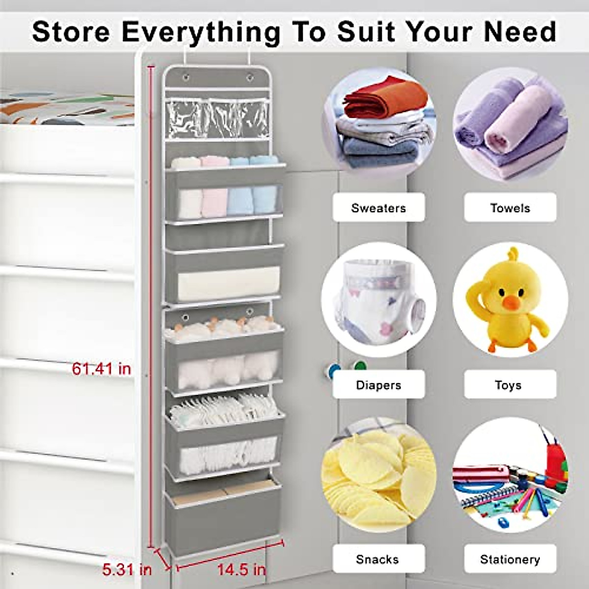 JINOKADI Over Door Storage Organizer 6 Tiers, Removable 1 Split into 2 Swing-Proof Hanging Bathroom Storage Organization Hanging Bag for Toy Magazine Baby Cosmetic Diaper