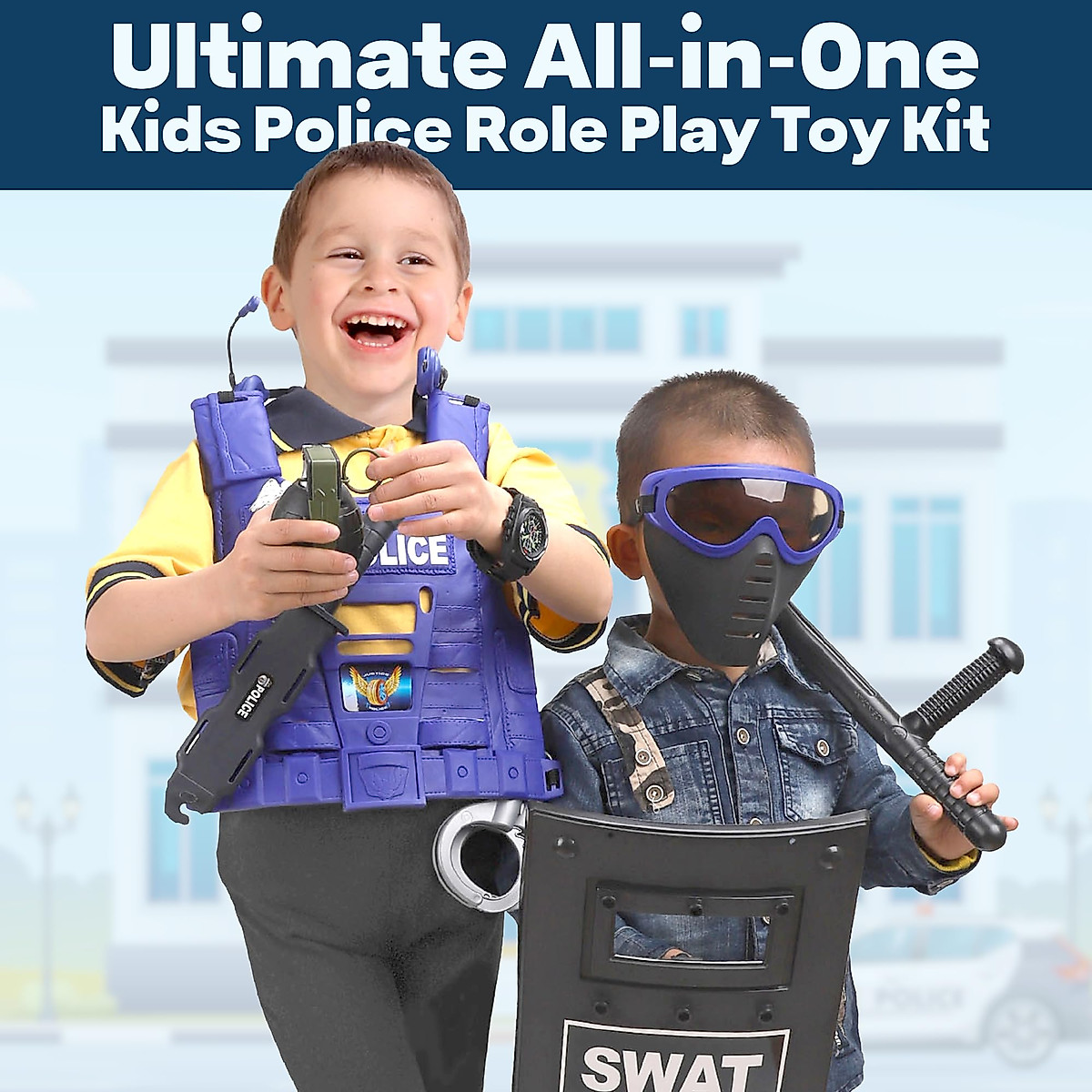 Ultimate All-in-One Kids Police Role Play Toy Kit - 15-Piece Policeman Pretend Play Set for Kids - SWAT Accessories for Dress Up Costumes - Badge, Shield, Vest, Handcuffs Included