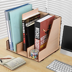 GJMZZG Rustic Magazine File Holders, Wood Vertical Document Folder Binder Storage Organizer 3 Compartment, Wooden Open Magazine Organizer for Home Office, School