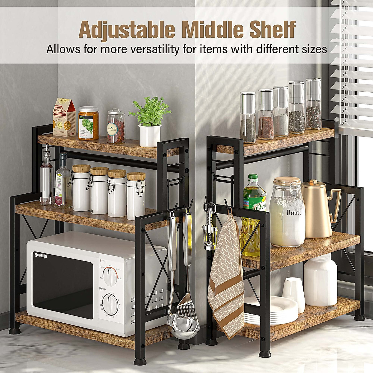 AKTOP 3-Tier Spice Rack Storage Shelves - Standing Kitchen Counter Shelf 20.1" with Hooks, Rustic Bathroom Countertop Organizer Vanity Shelf with Adjustable Shelf Cabinet, Easy Assembly