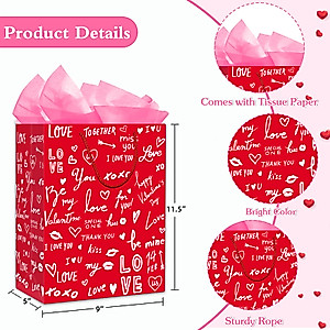 FaCraft Valentines Gift Bags with Handle,Large Happy Valentines Day Gift Bags with Tissue Paper for Her Him Girlfriend Boyfriend,Red Valentine Paper Gift Bag for Valentine's Day Anniversary Wedding