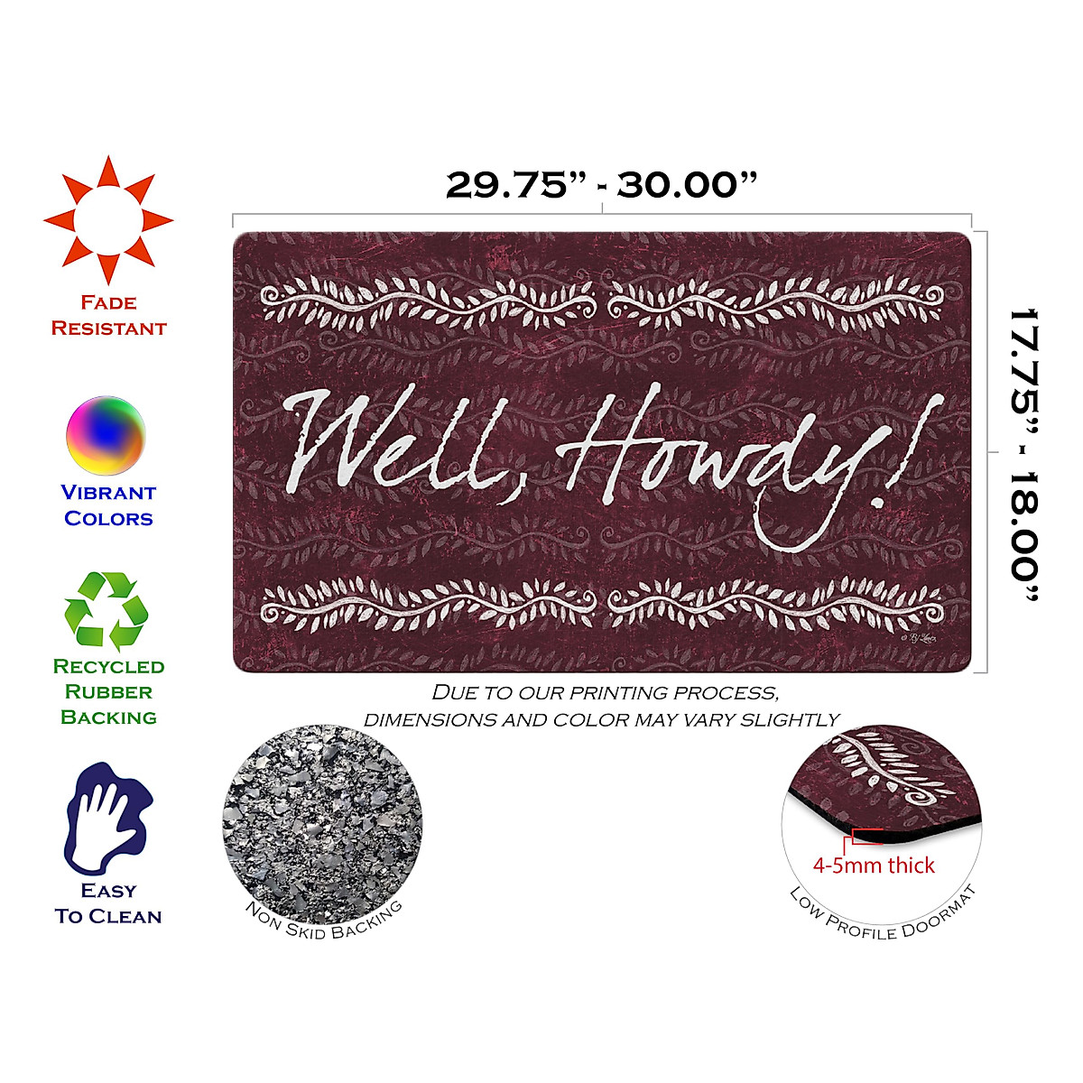 Toland Home Garden 800338 Howdy Chalk Vines- Maroon Welcome Door Mat 18x30 Inch Funny Outdoor Doormat for Entryway Indoor Entrance