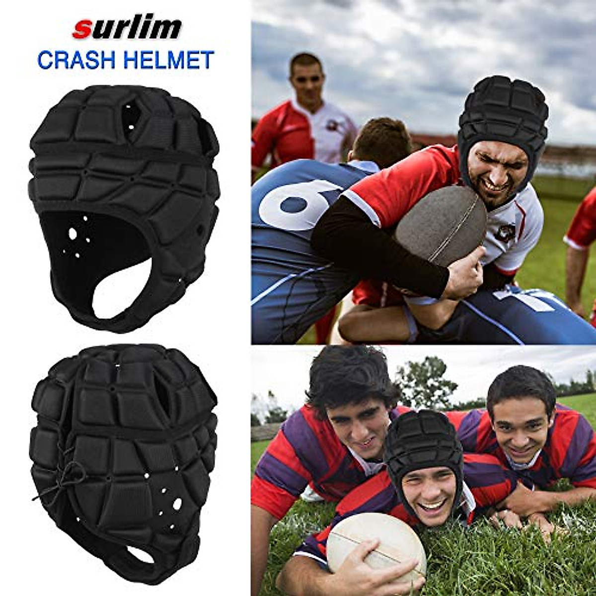Surlim Rugby Soft Helmet Soccer Headgear Scrum Cap 7v7 Flag Football Headguard for Adult Large (Black)