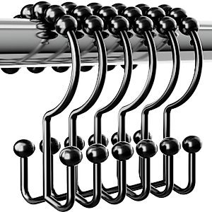 BBLHOME Shower Curtain Hooks Rings, Sturdy Shower Curtain Hooks Rings Rust Proof Metal Double Sided Shower Hooks Rings for Bathroom Shower Curtain Rod Curtains, Set of 12 Hooks, Black