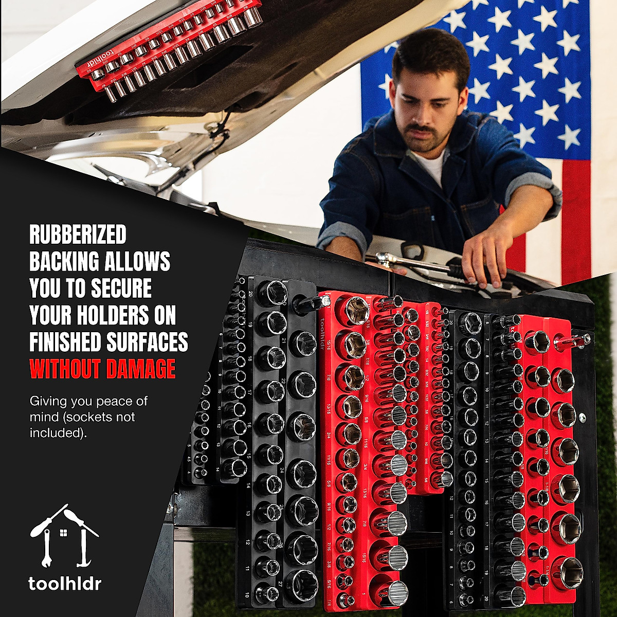 toolhldr Magnetic Socket Organizer - Metric & SAE Socket Tool Organizer Storage for 1/4", 3/8", 1/2" Drives - Fits Drawers, Toolboxes, Attaches to Metal Wall - Easy-to-Read - 6-Pack Black and Red
