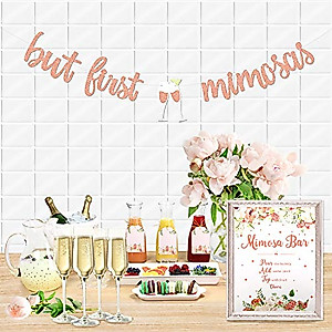 Mimosa Bar Sign But First Mimosas Banner Boho Floral Bridal Shower Decorations Rose Gold Baby Shower Graduation Decor Summer Brunch Bubbly Bar Themed Wedding Engagement Birthday Party Mimosa Bar Kit