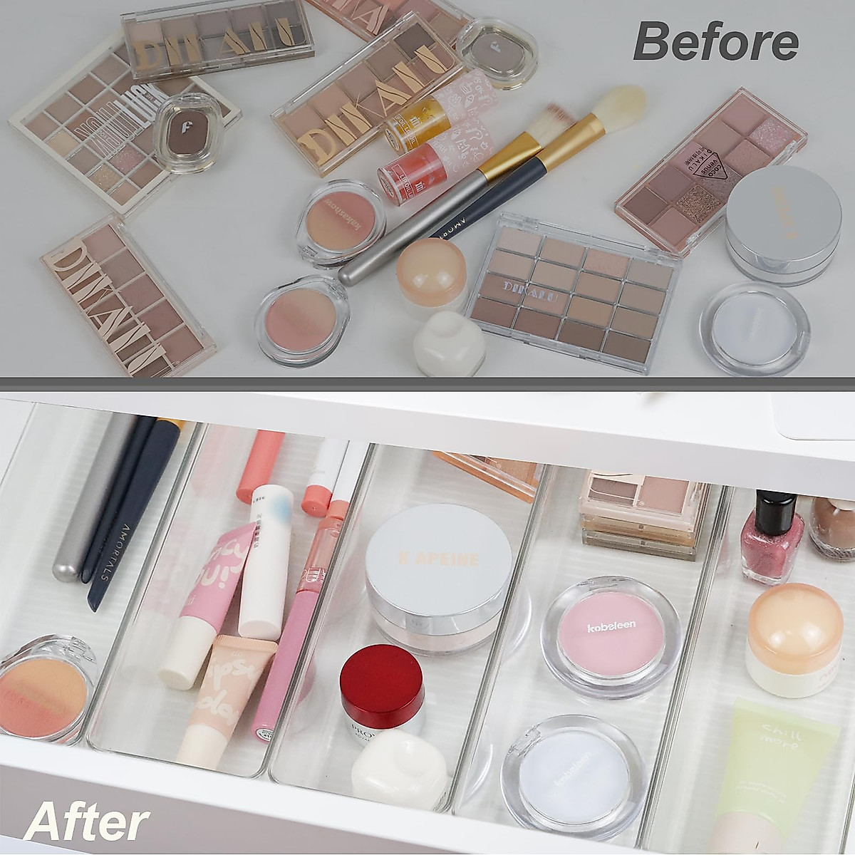 ZEXALOR Clear Drawer Organizer Bins Set, Transparent Rectangle Trays, Dresser Bathroom Makeup Vanity Organization and Storage Bins Office Desk Drawer Dividers Organizers (5pc - 12×3×2")